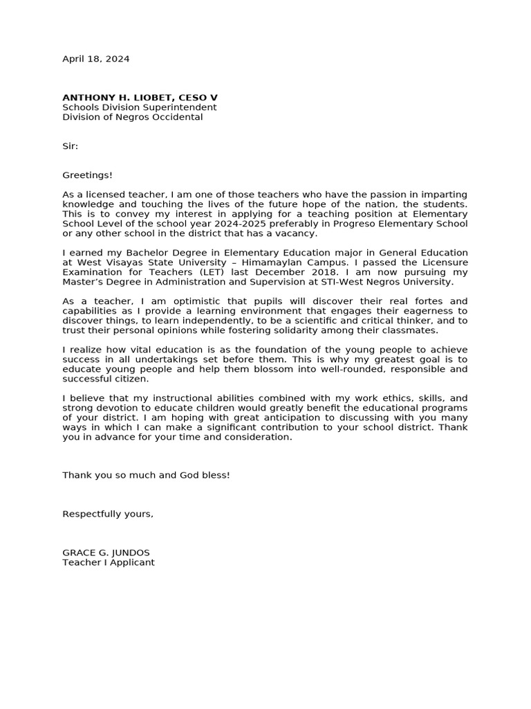Teacher Application for Elementary Position | PDF