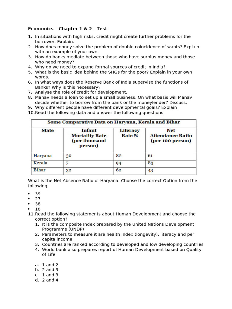 Class 10 Economics Test: Development Concepts | PDF | Social Science
