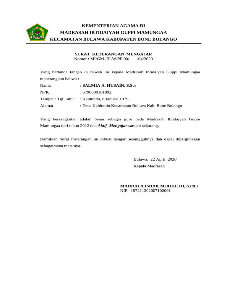 Surat Ket. Bulan Nopember | PDF