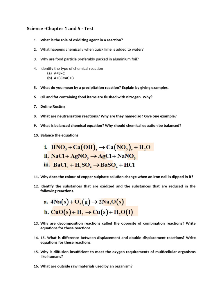 Science Test: Chemical Reactions & Biology | PDF | Cellular Respiration ...
