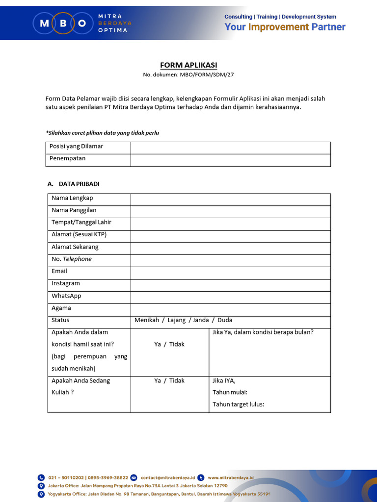 Formulir Aplikasi - PT Mitra Berdaya Optima | PDF