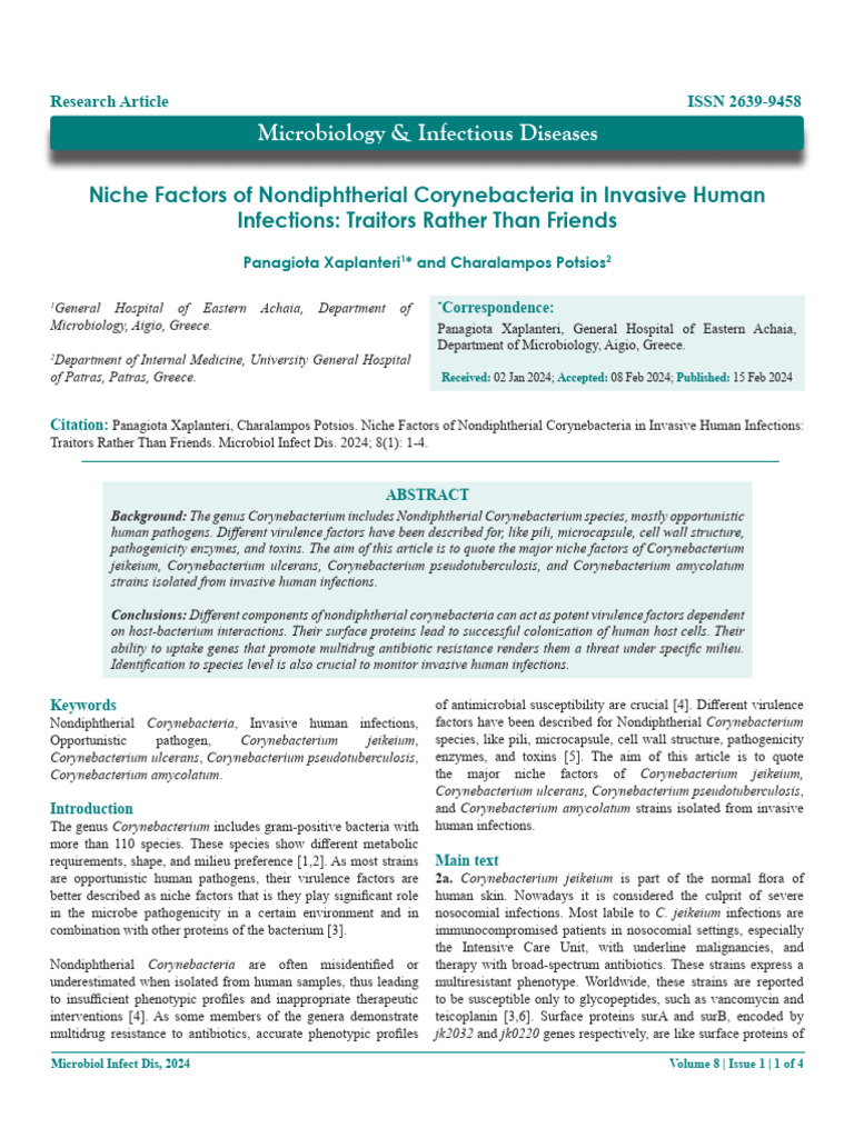 Niche Factors of Nondiphtherial Corynebacteria in Invasive Human ...