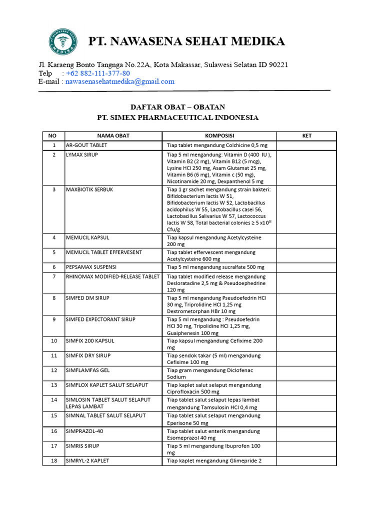 Daftar Obat PT - Simex | PDF