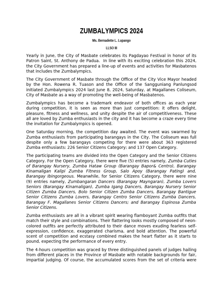 Zumbalympics 2024 Article For Serbidor | PDF | Dances | Entertainment