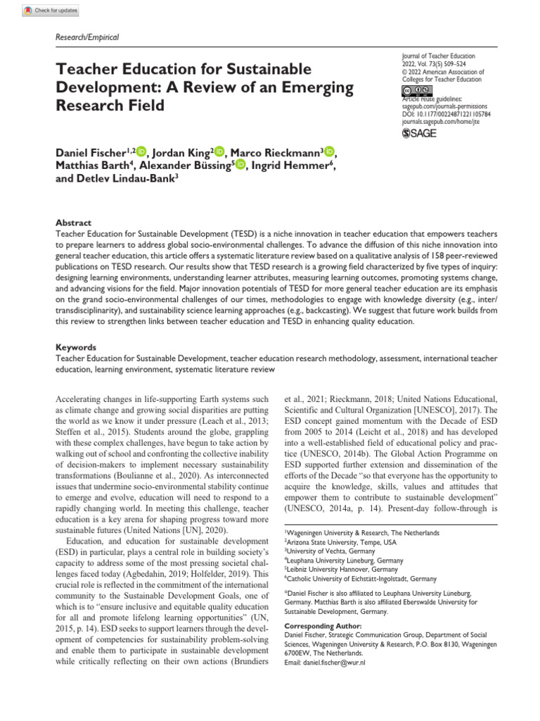 Fischer Et Al 2022 Teacher Education For Sustainable Development A Review of An Emerging ...