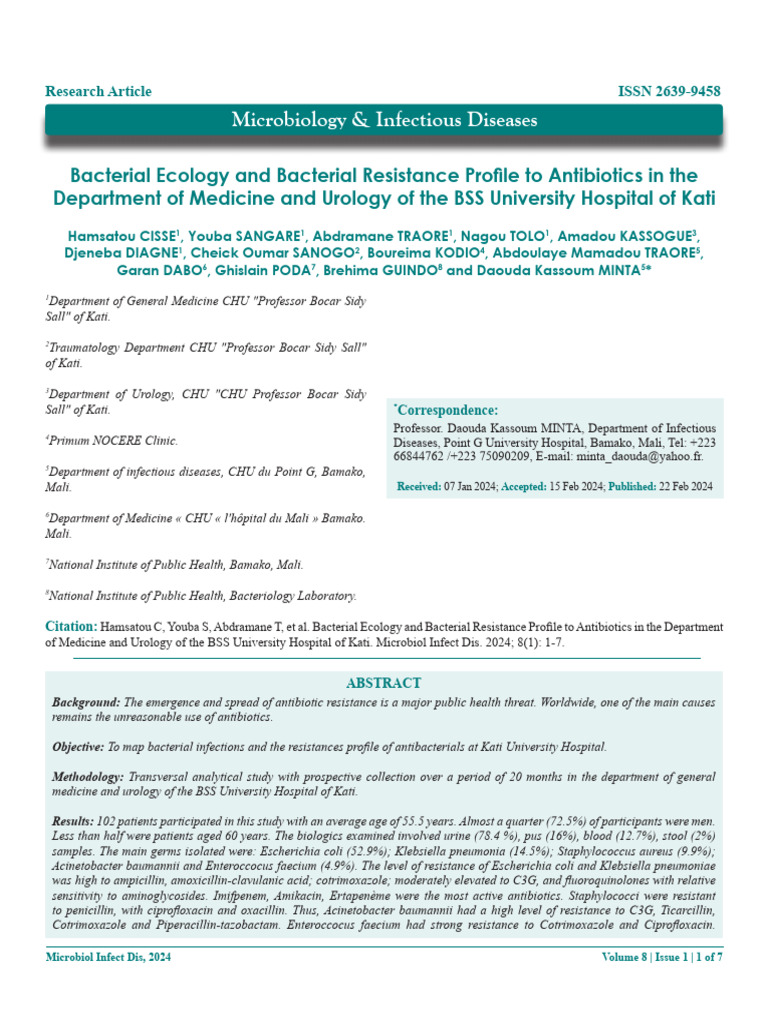 Bacterial Ecology and Bacterial Resistance Profile To Antibiotics in ...