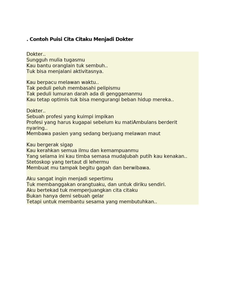 Contoh Puisi Cita Citaku Menjadi Dokter | PDF | Pengembangan Diri ...