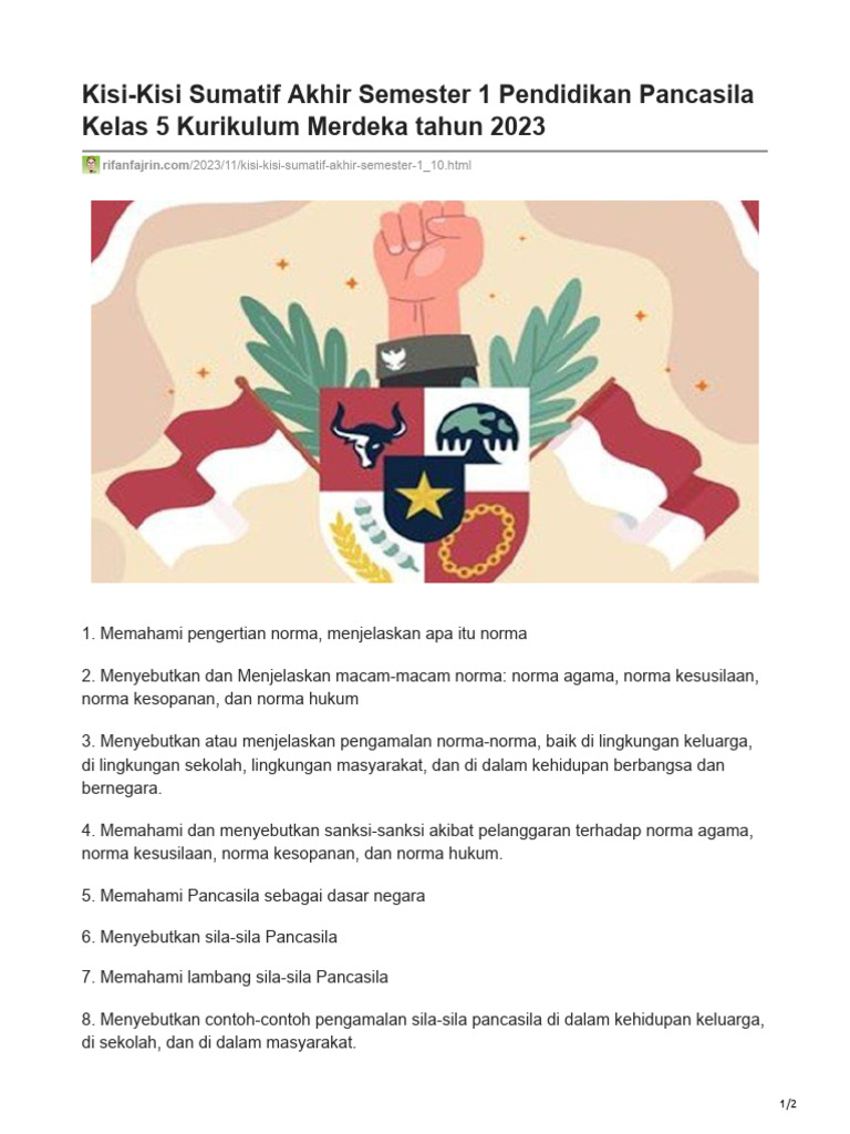 Kisi-Kisi Sumatif Akhir Semester 1 Pendidikan Pancasila Kelas 5 Kurikulum Merdeka Tahun 2023 | PDF