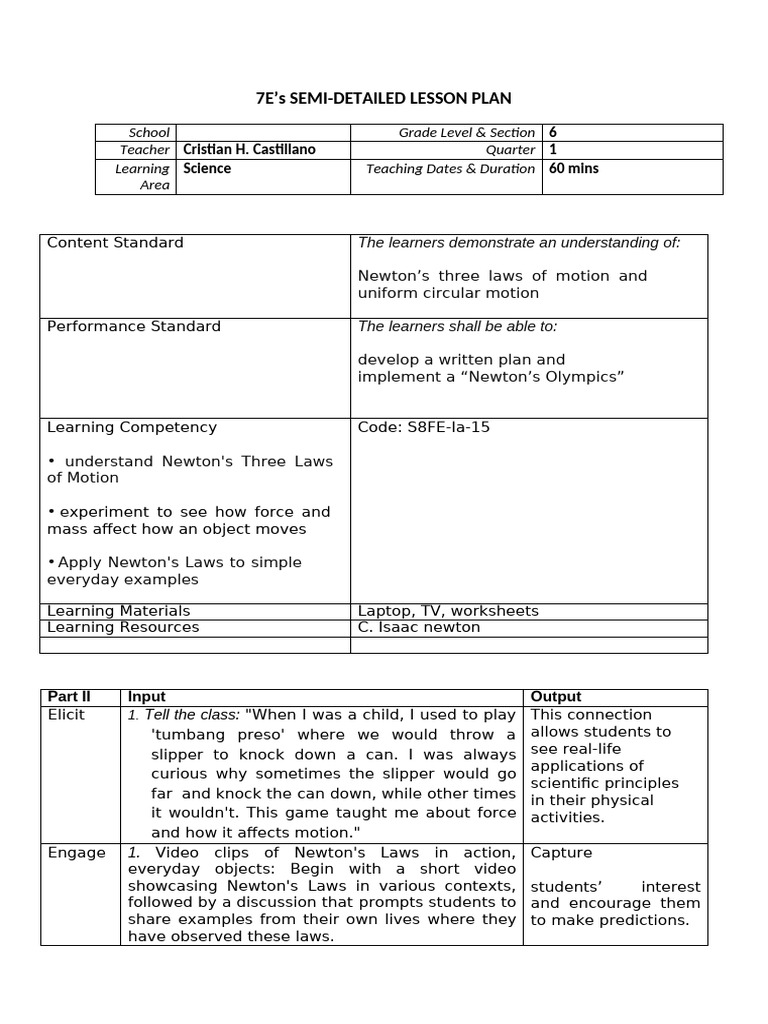 7E Lesson Plan Science CASTILLANO509 | PDF | Force | Newton's Laws Of Motion