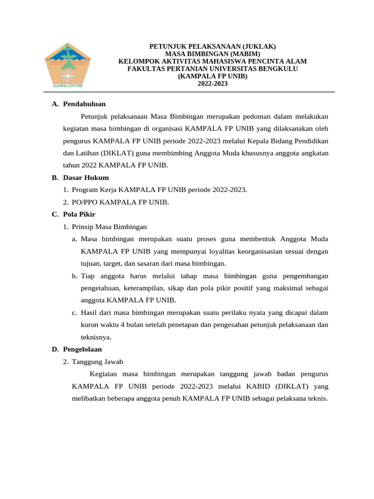 Juklak dan Juknis Masa Bimbingan KAMPALA FP UNIB | PDF