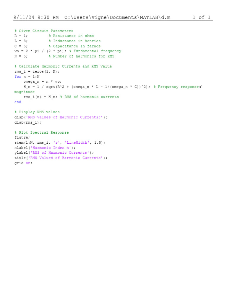 9/11/24 9:30 PM C:/Users/vigne/Documents/MATLAB/d.m 1 of 1: 'RMS Values ...