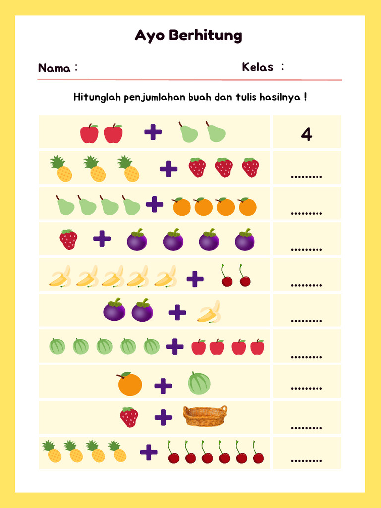 Lembar Kerja Matematika Ayo Berhitung Kuning Sederhana | PDF