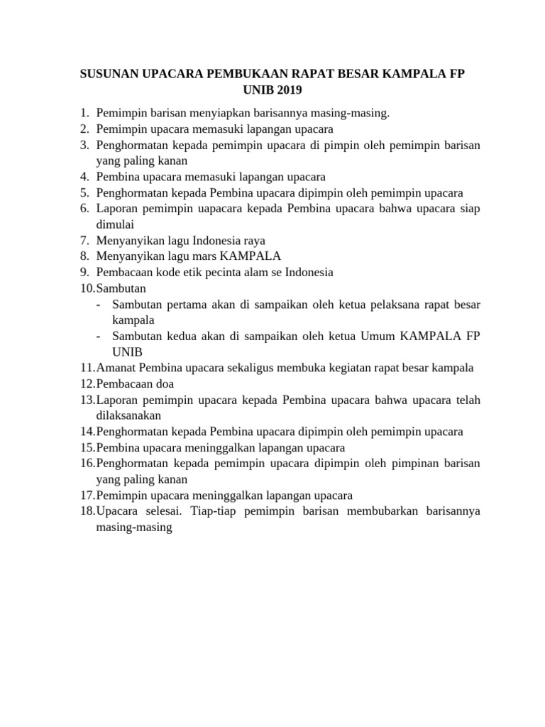 Susunan Upacara Pembukaan Rapat Besar Kampala FP Unib 2019 | PDF ...