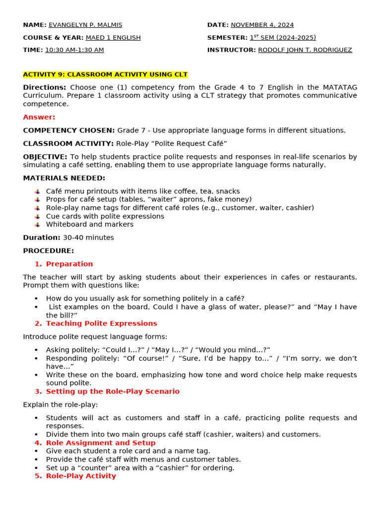Activity 9 - Classroom Activity Using CLT - Evangelyn Malmis | PDF ...