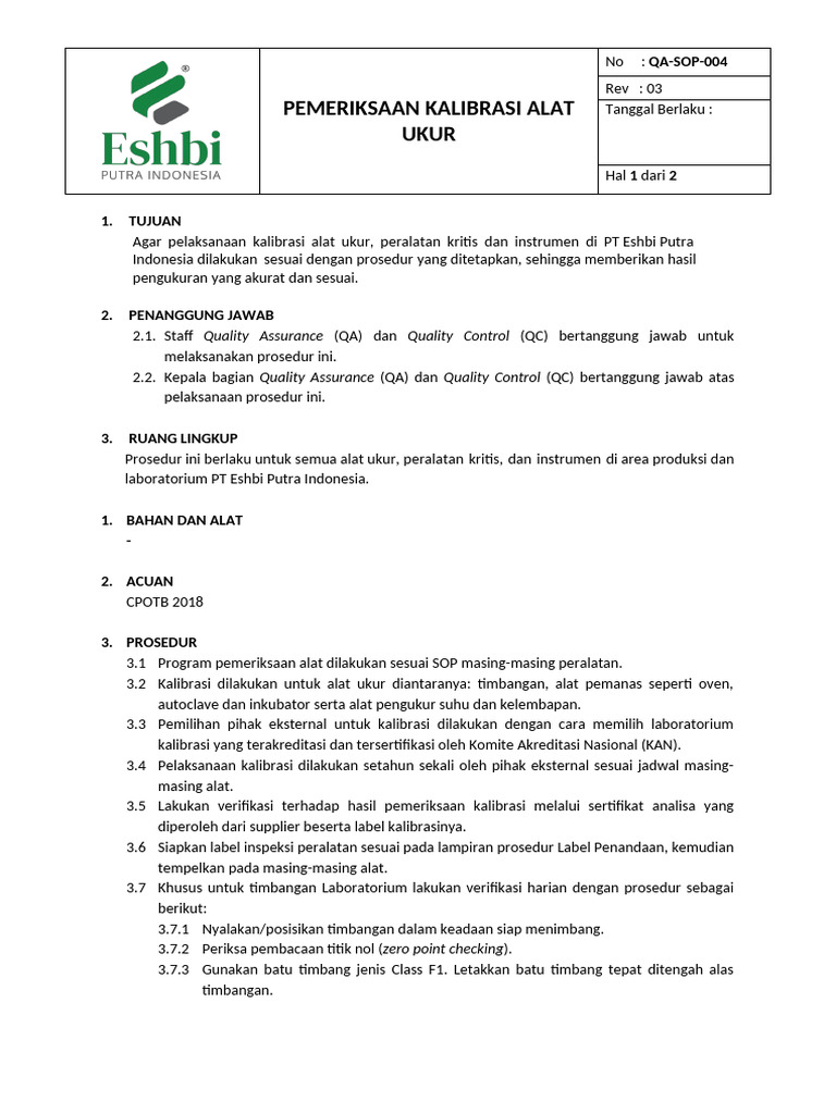 Qa-Sop-004 Rev.02 Program Kalibrasi Dan Pemeriksaan Alat | PDF | Teknologi & Rekayasa