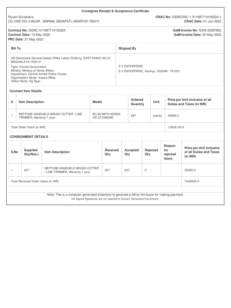 Crac Brush Cutters Past Performance | PDF | Receipt | Invoice