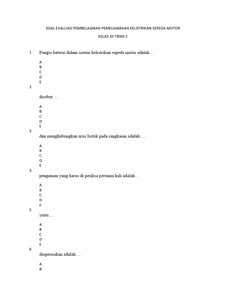 Soal Evaluasi Pembelajaran Pemeliharaan Kelistrikan Sepeda Motor - Xii TBSM | PDF