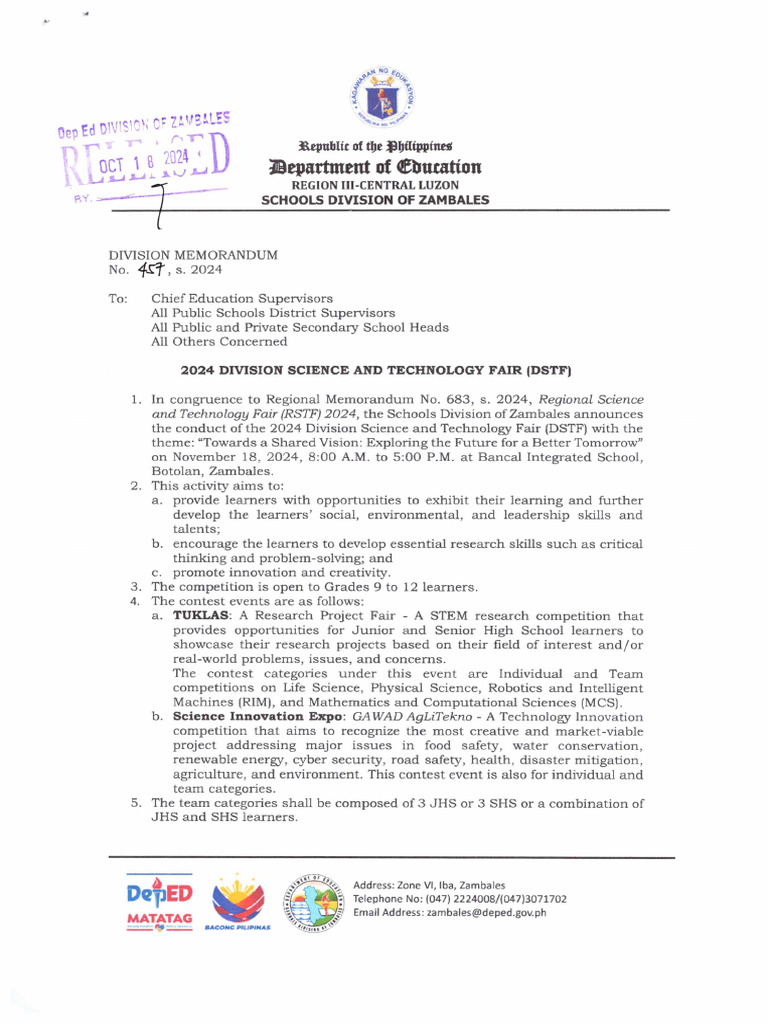 DM No. 457 S. 2024 2024 Division Science and Technology Fair DSTF | PDF