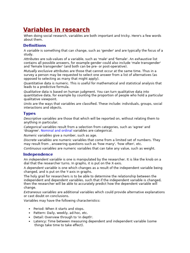 Variables_in_research | PDF | Categorical Variable | Scientific Method