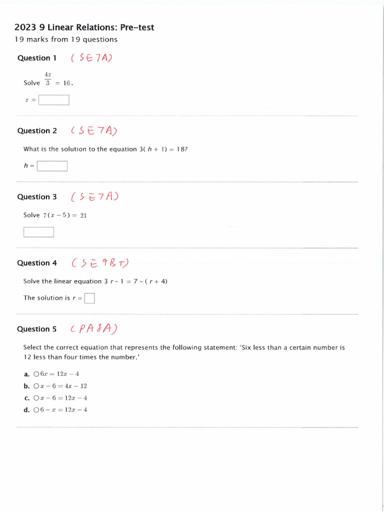 Linear Relations Pre Test | PDF