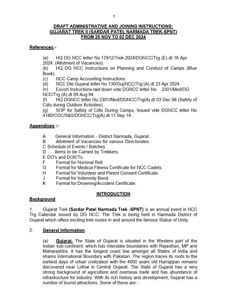 Draft Administrative and Joining Instructions: Gujarat Trek Ii (Sardar ...