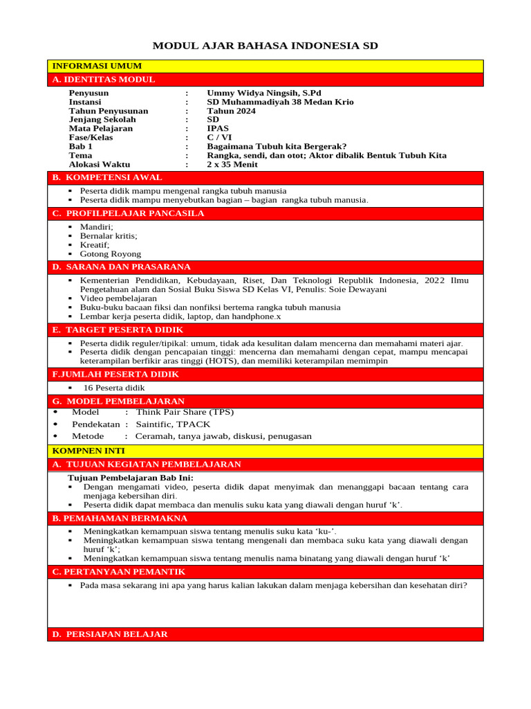 Modul Ajar Kelas 1 | PDF | Seni & Disiplin Bahasa | Sains & Matematika