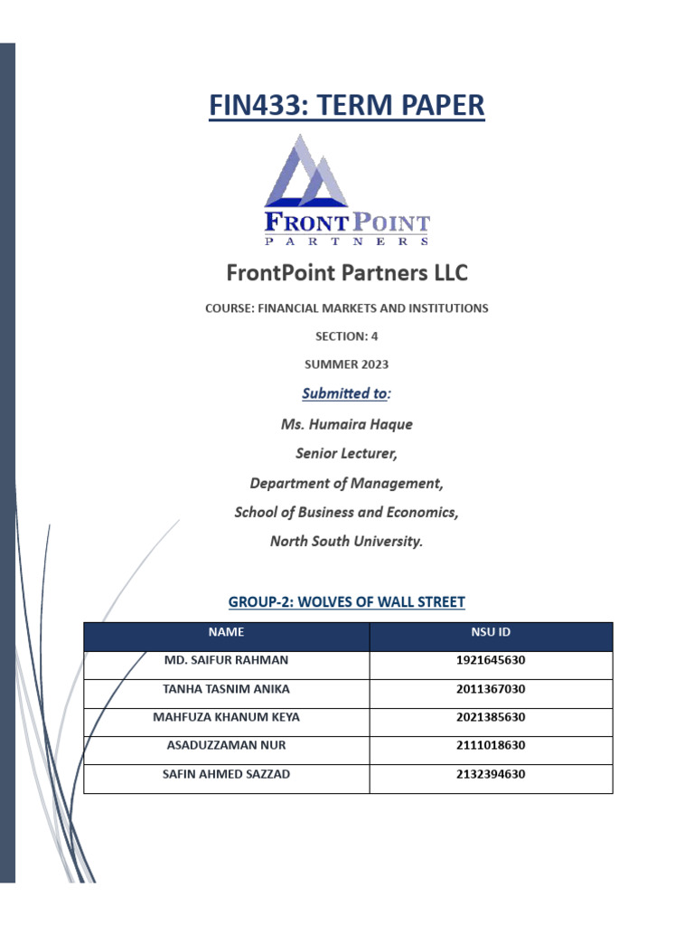 FIN433 Project - FrontPoint Partners | PDF | Collateralized Debt Obligation | Derivative (Finance)