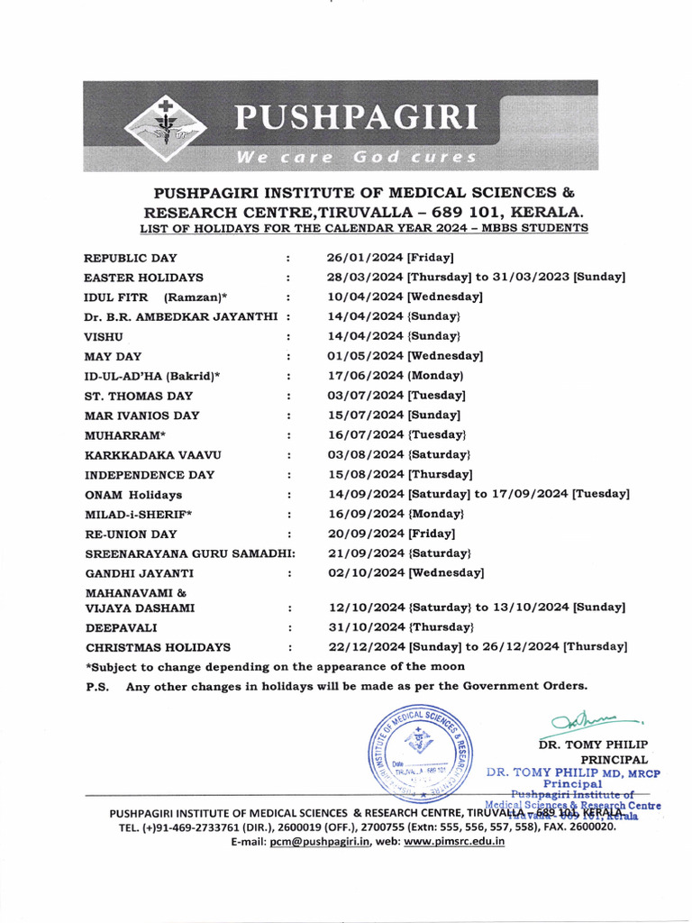 2024 List of Holidays For The Calendar Year 2024 | PDF