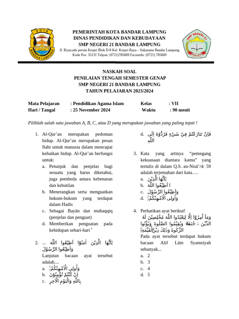 Soal Pts Pai Kelas 7 2024 Ashar | PDF
