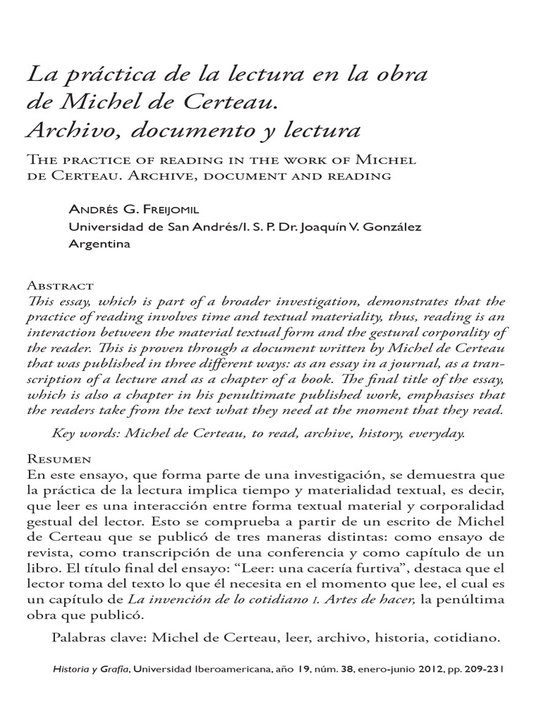 7 Freijomil. La Práctica de La Lectura en Michel de Certeau | PDF | Libros