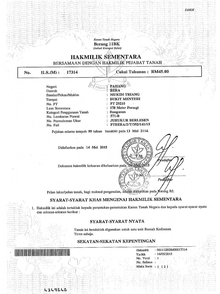 Land Title PT29210, HSM 17314 | PDF