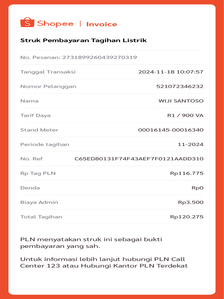 Invoice: Struk Pembayaran Tagihan Listrik | PDF