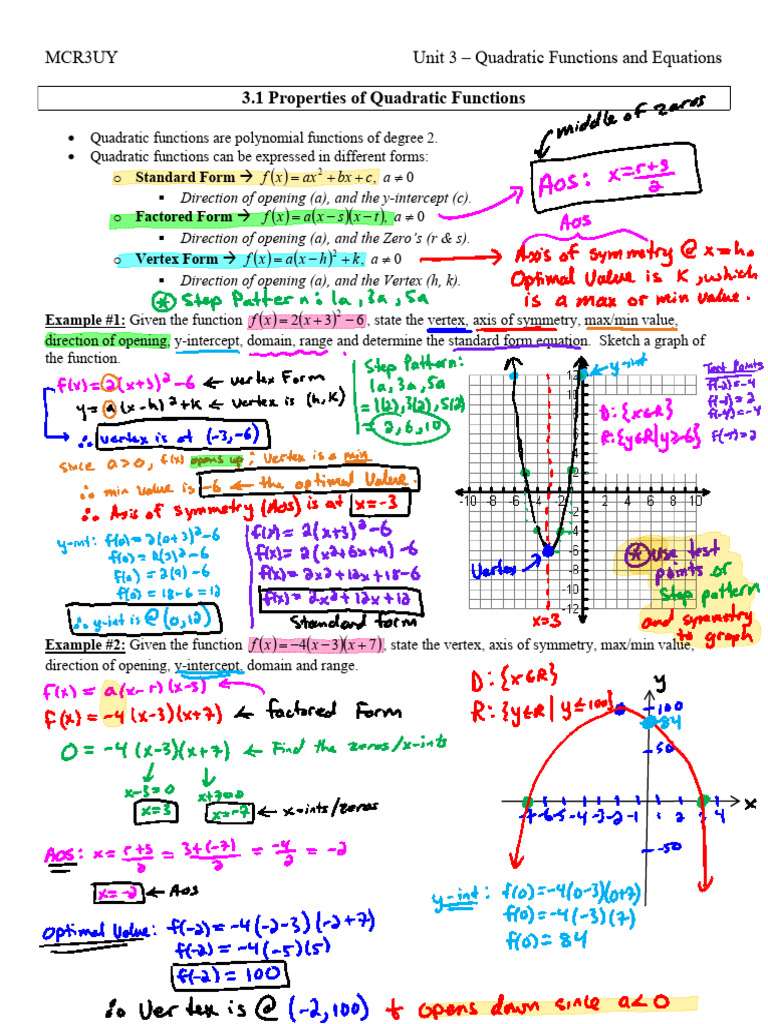 3.1 Properties of Quadratic Functions SOLUTIONS | PDF