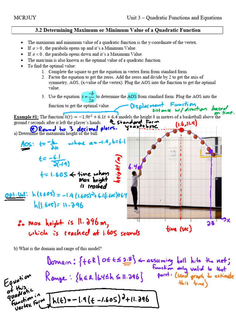 Max/Min Values of Quadratic Functions | PDF