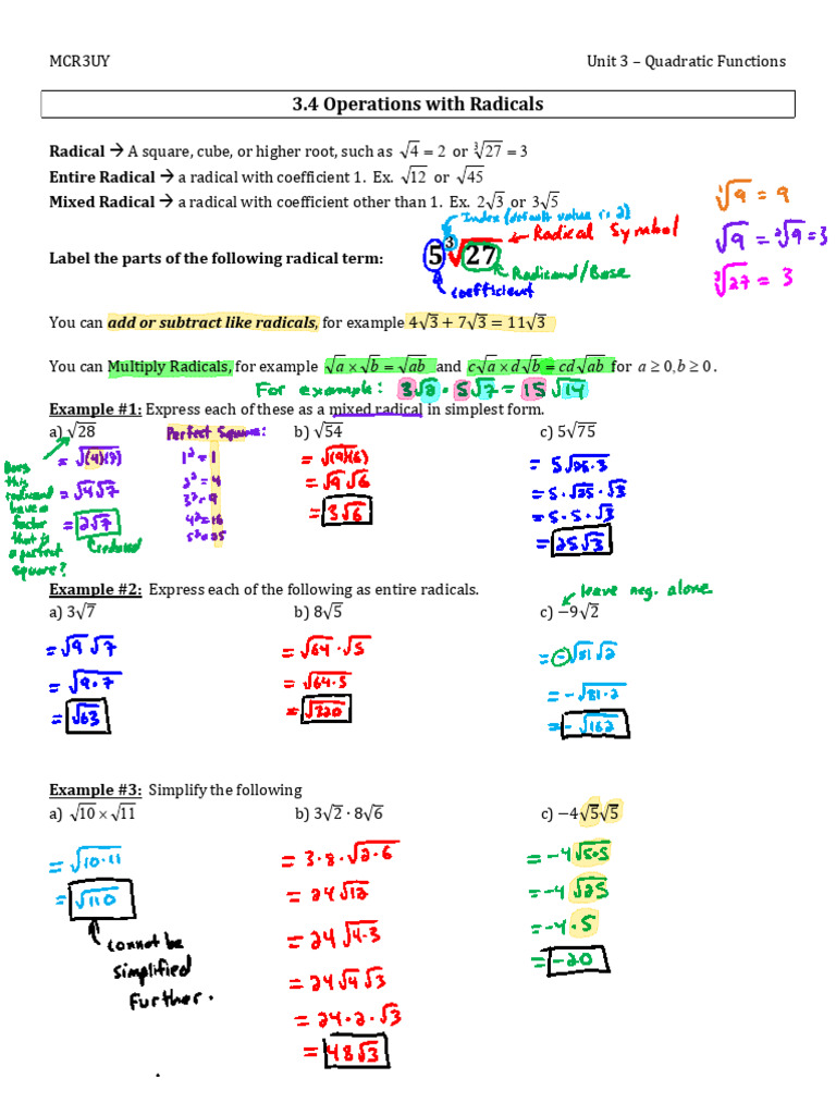 3.4 Operations With Radicals SOLUTIONS | PDF