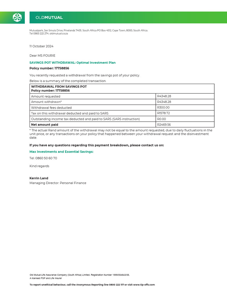 Savings Pot Withdrawal - Payment Breakdown | PDF | Business | Law
