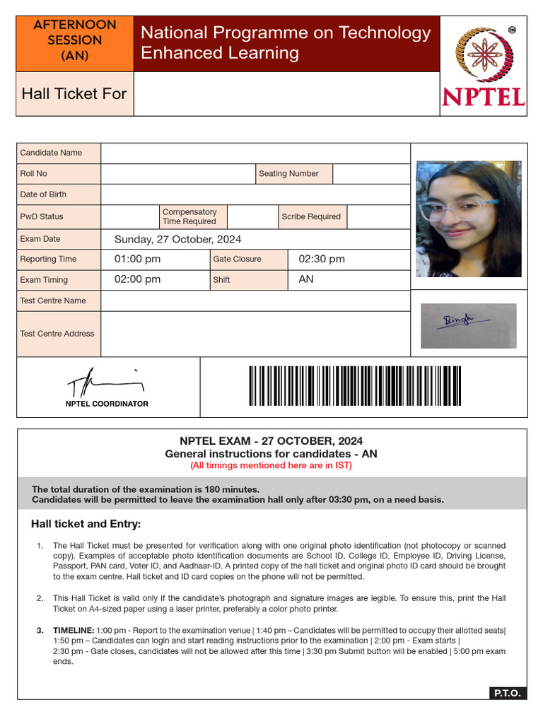 NPTEL Exam Hall Ticket Guide | PDF