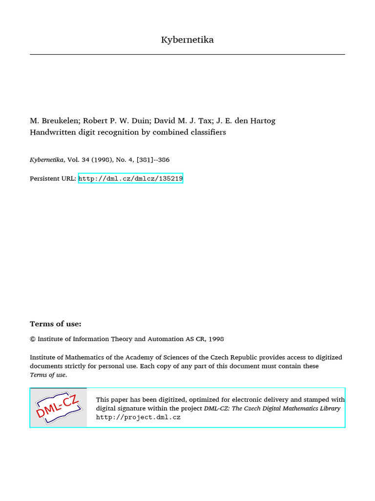 Handwritten Digit Recognition by Combined Classifiers | PDF ...