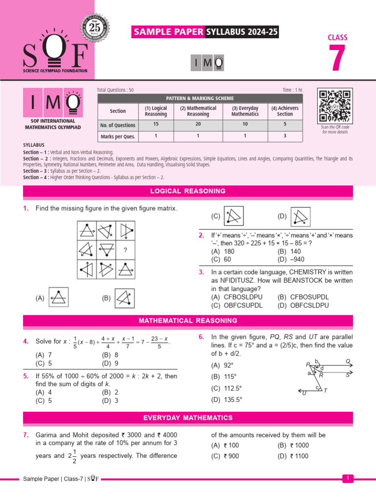 Imo Sample Paper Class-7 | PDF | Mathematics | Area