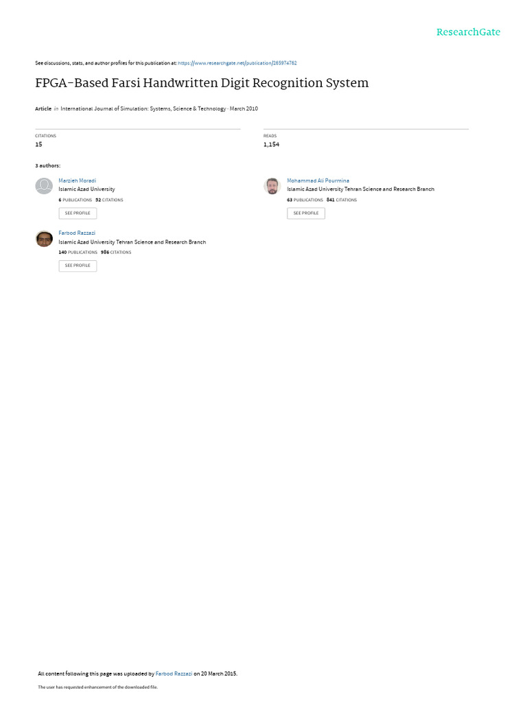 FPGA-Based Farsi Handwritten Digit Recognition System | PDF | Artificial Neural Network | Field ...