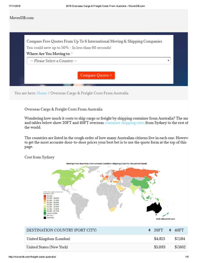 2016 Overseas Cargo & Freight Costs From Australia - MoverDB | PDF ...
