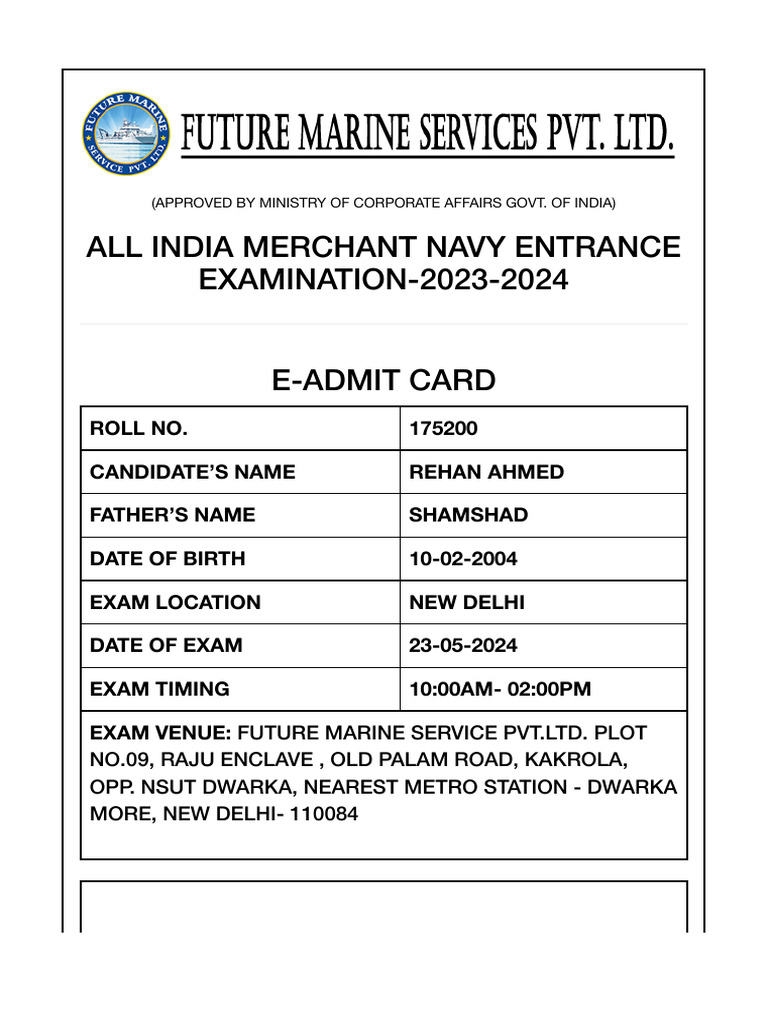 Merchant Navy Entrance Exam 2024 Admit Card | PDF