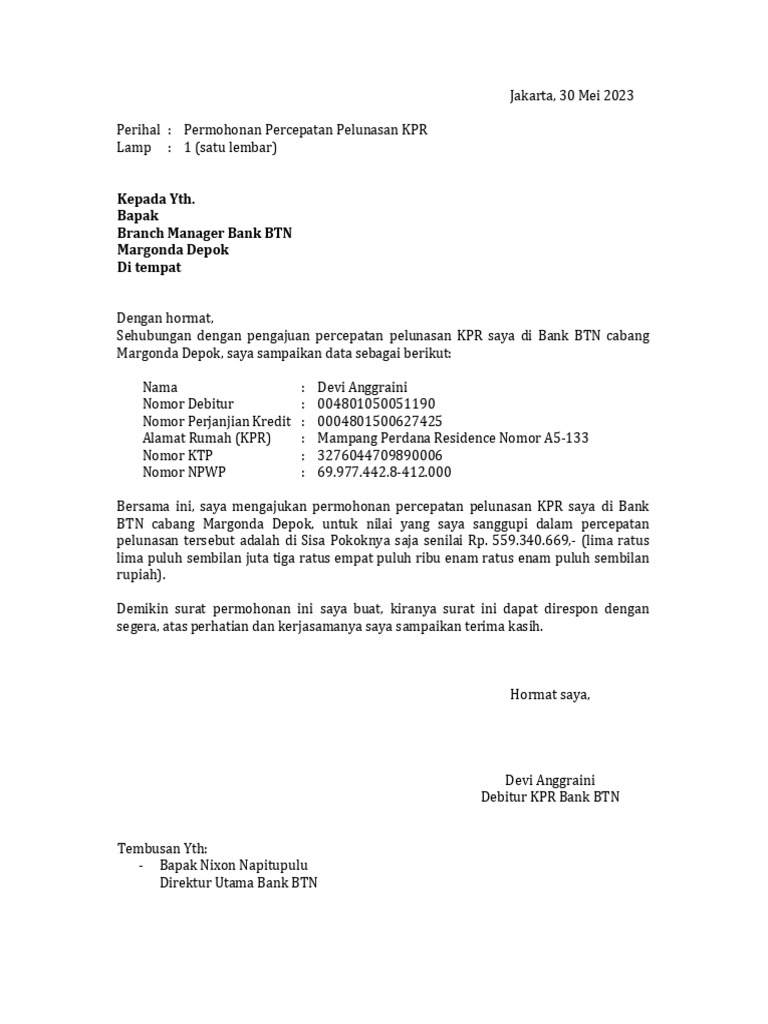 Permohonan Percepatan Pelunasan | PDF | Pengelolaan Keuangan & Uang