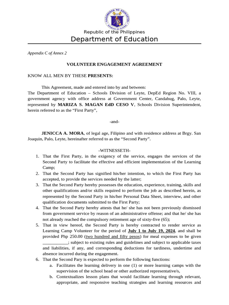 Volunteer Engagement Agreement - DepEd Leyte | PDF | Learning