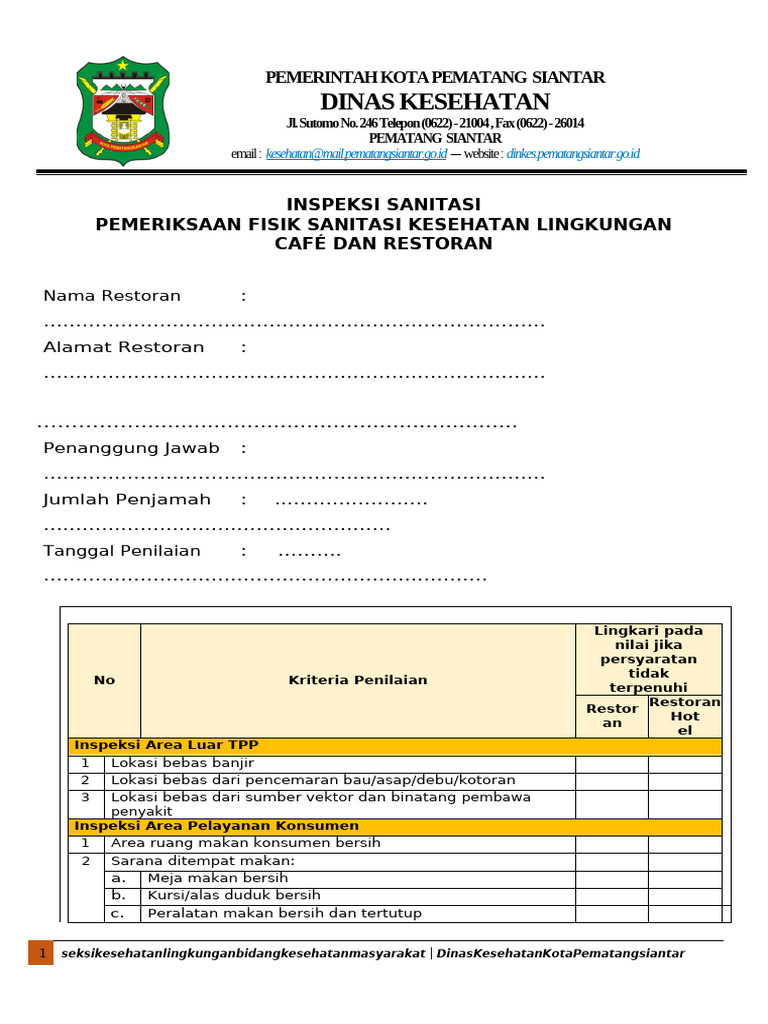 Inspeksi Sanitasi Restoran | PDF