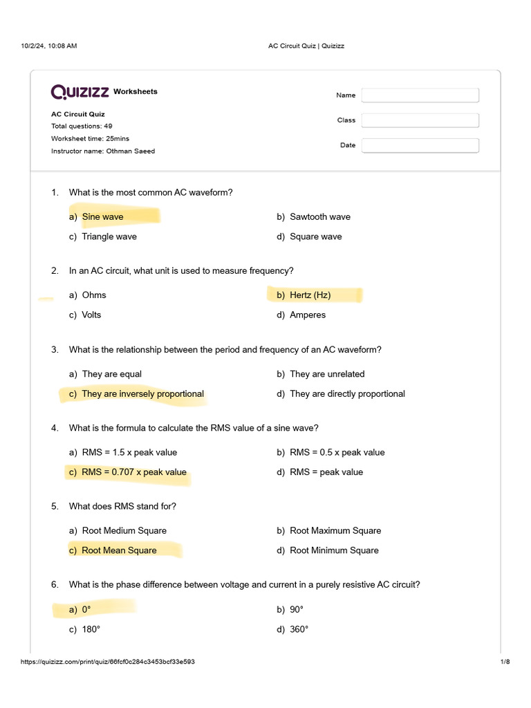 AC Circuit Quiz _ 2.PDF | PDF | Electrical Impedance | Ac Power