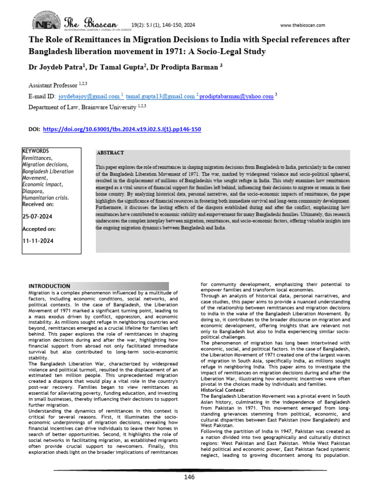 The Role of Remittances in Migration Decisions To India With Special References After Bangladesh ...