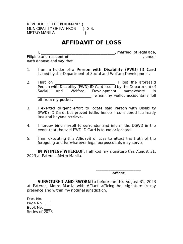 Affidavit of Loss Driver's License - PWD ID Card | PDF