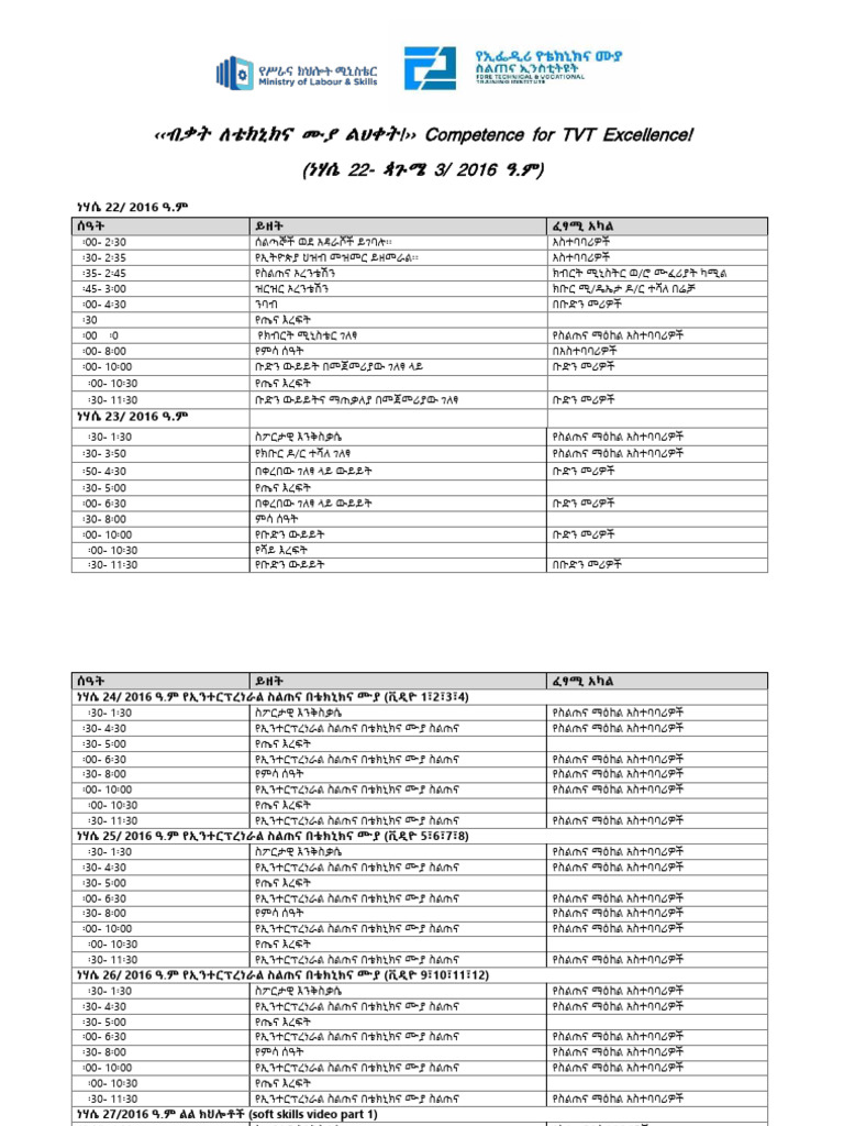Schedule For TVT Trainers and Leaders Capacity Building | PDF