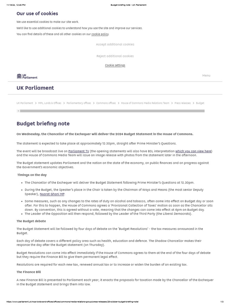 Budget Briefing Note - UK Parliament | PDF | House Of Commons Of The ...
